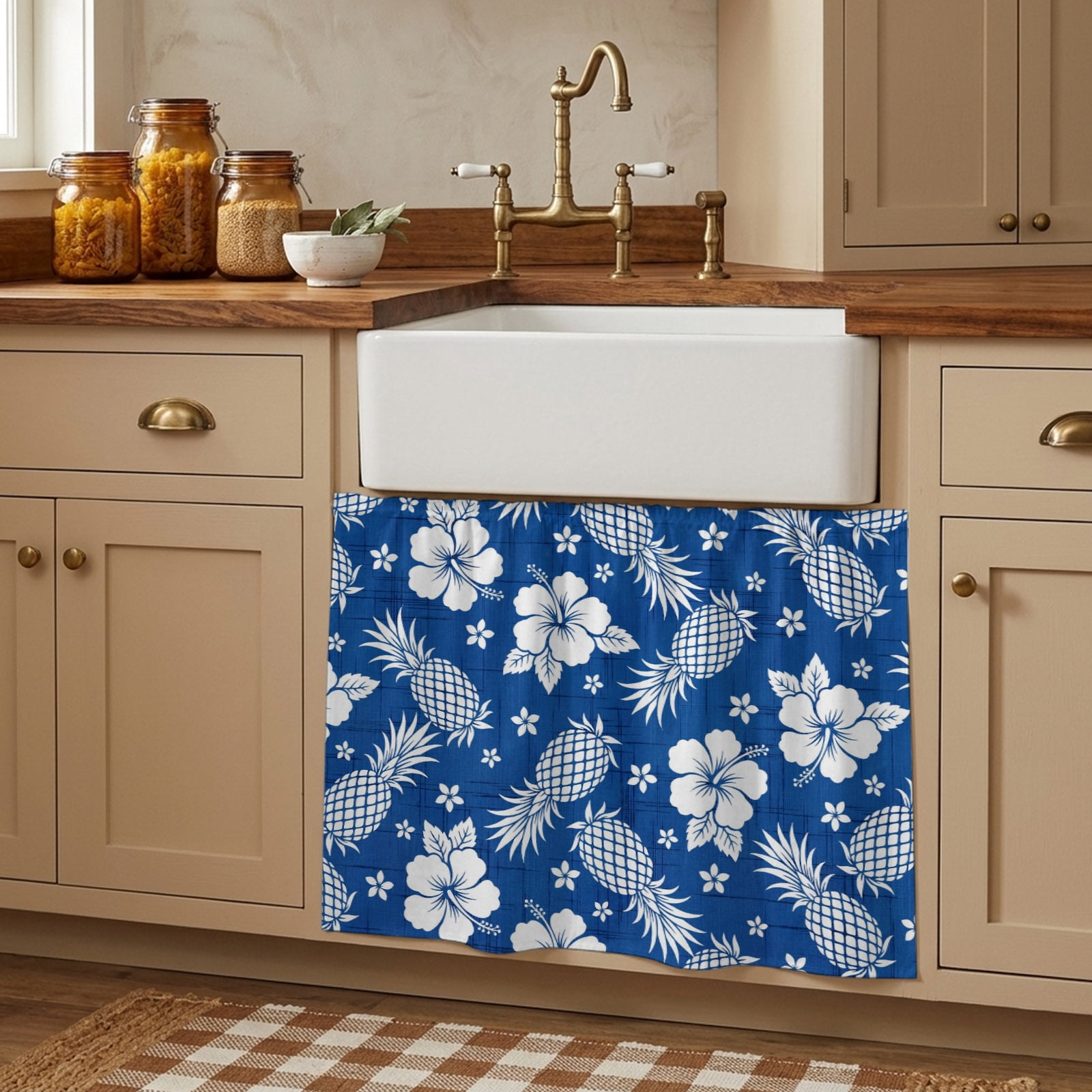Blue Pineapple Floral Small Cabinet Curtains 10"W x 11"L, Summer ...