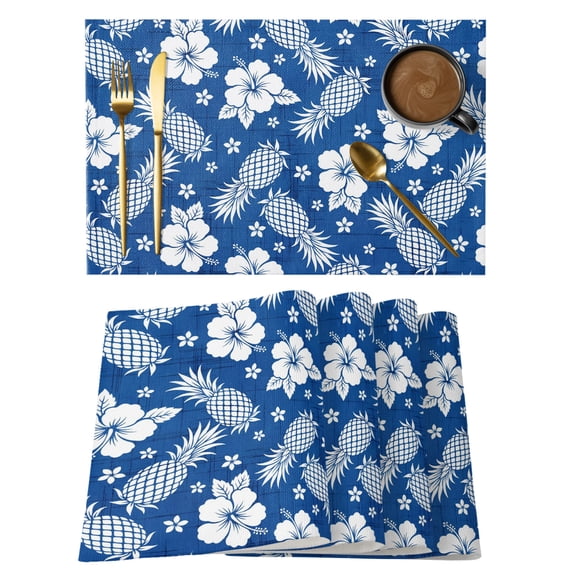 Blue Pineapples Placemats Set of 6 Tropical Fruit Hibiscus Flowers ...