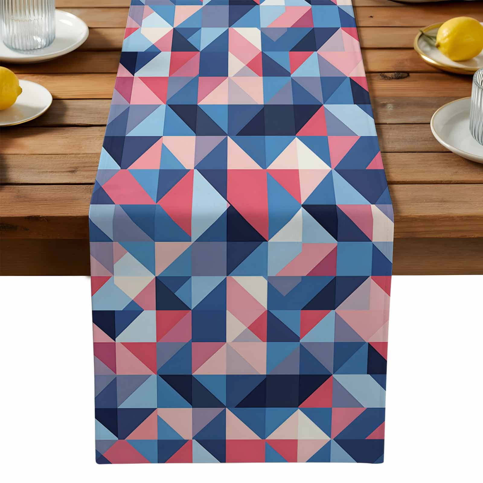 Blue Pink Abstract Table Runner, Geometric Modern Art Kitchen Table ...