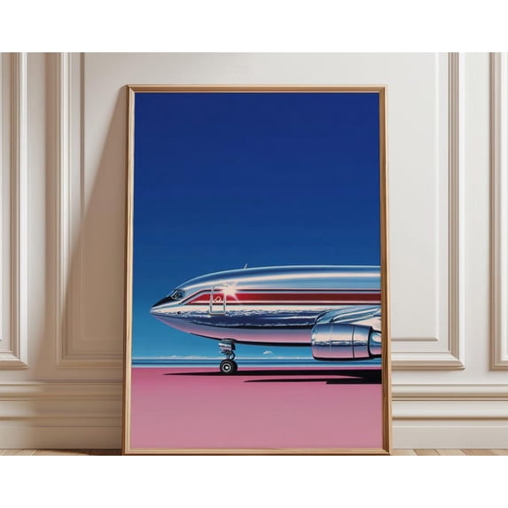 Blue Pink Airplane Retro Jet Illustration Minimal Aviation Wall Art ...