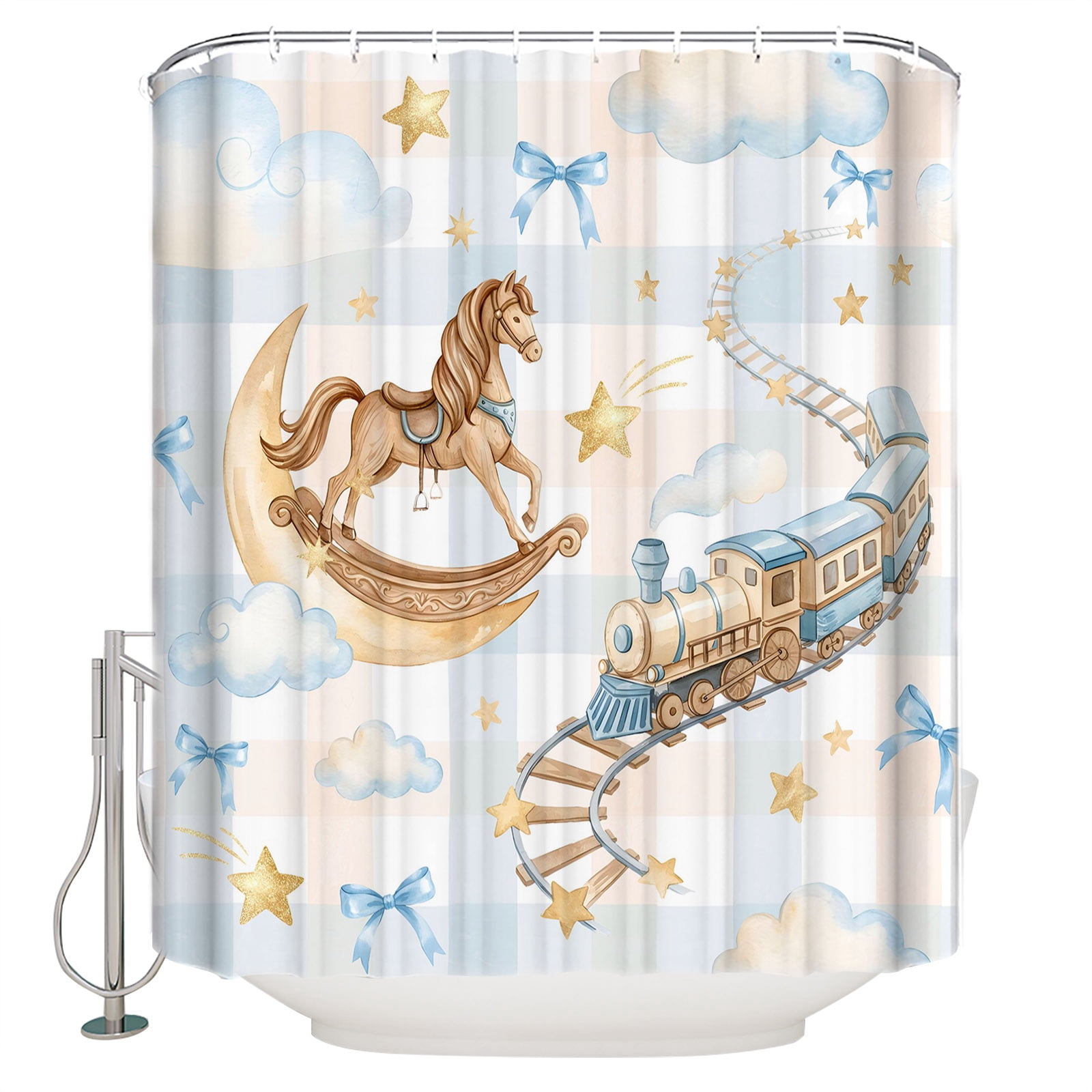 Blue Pink Bathroom Shower Curtains with 12 Hooks Polyester Waterproof ...