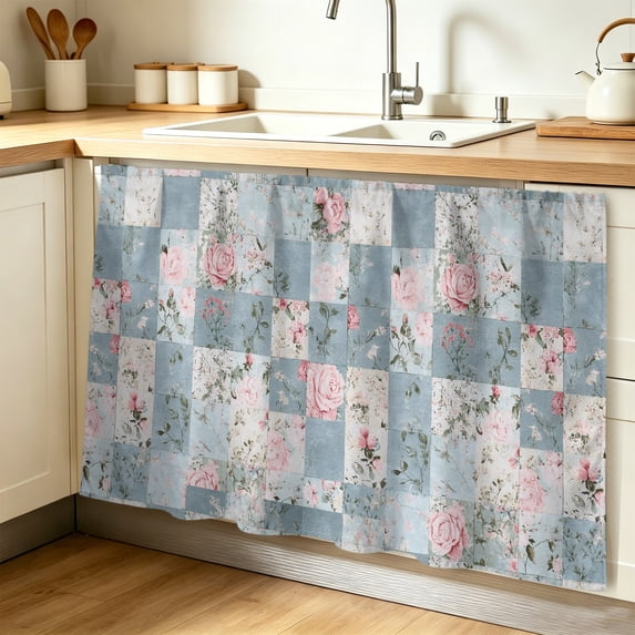 Blue Pink Botanical Cabinet Curtain 32"Wx55"L, Dustproof Pantry Door ...