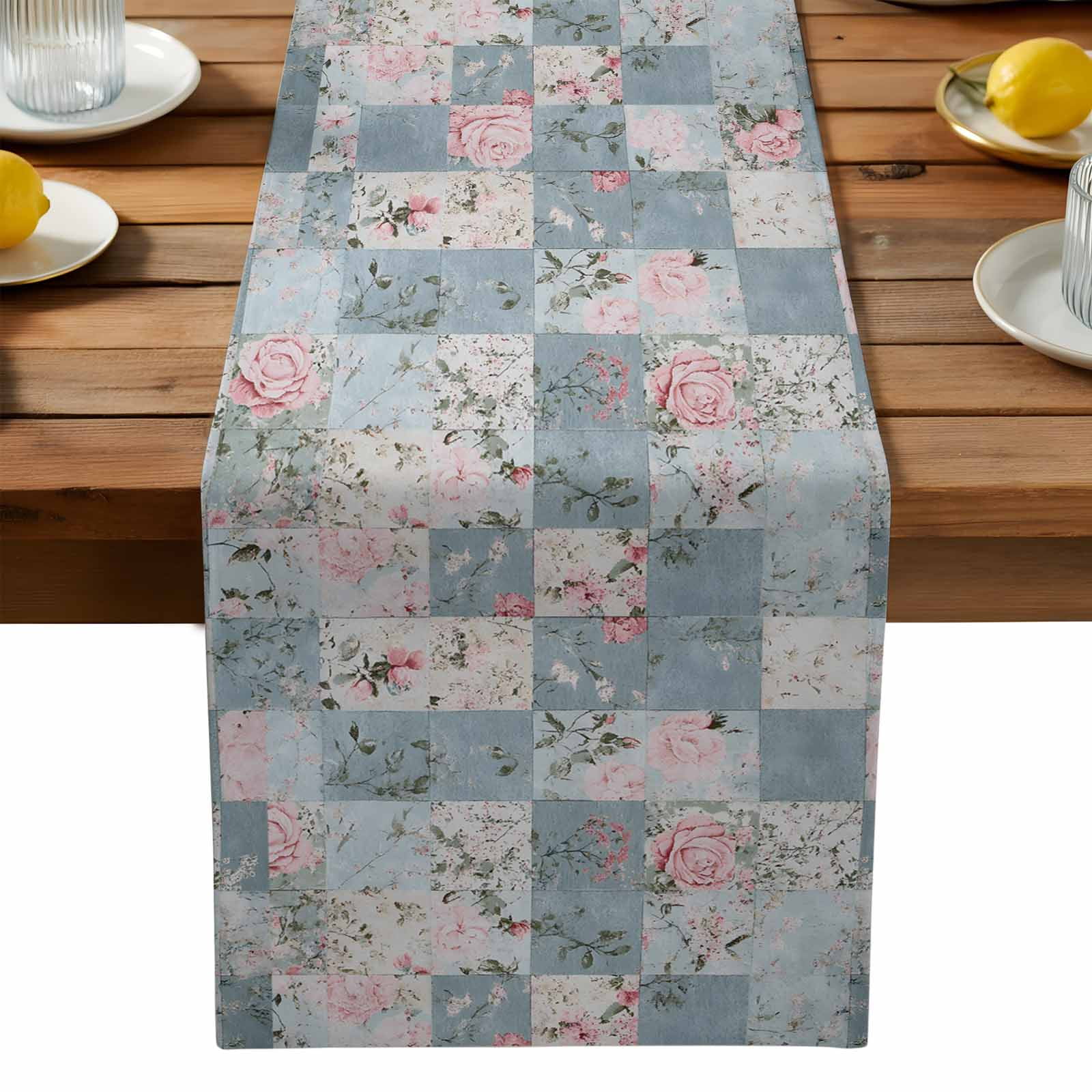 Blue Pink Botanical Cotton Linen Table Runner for Dining Kitchen ...