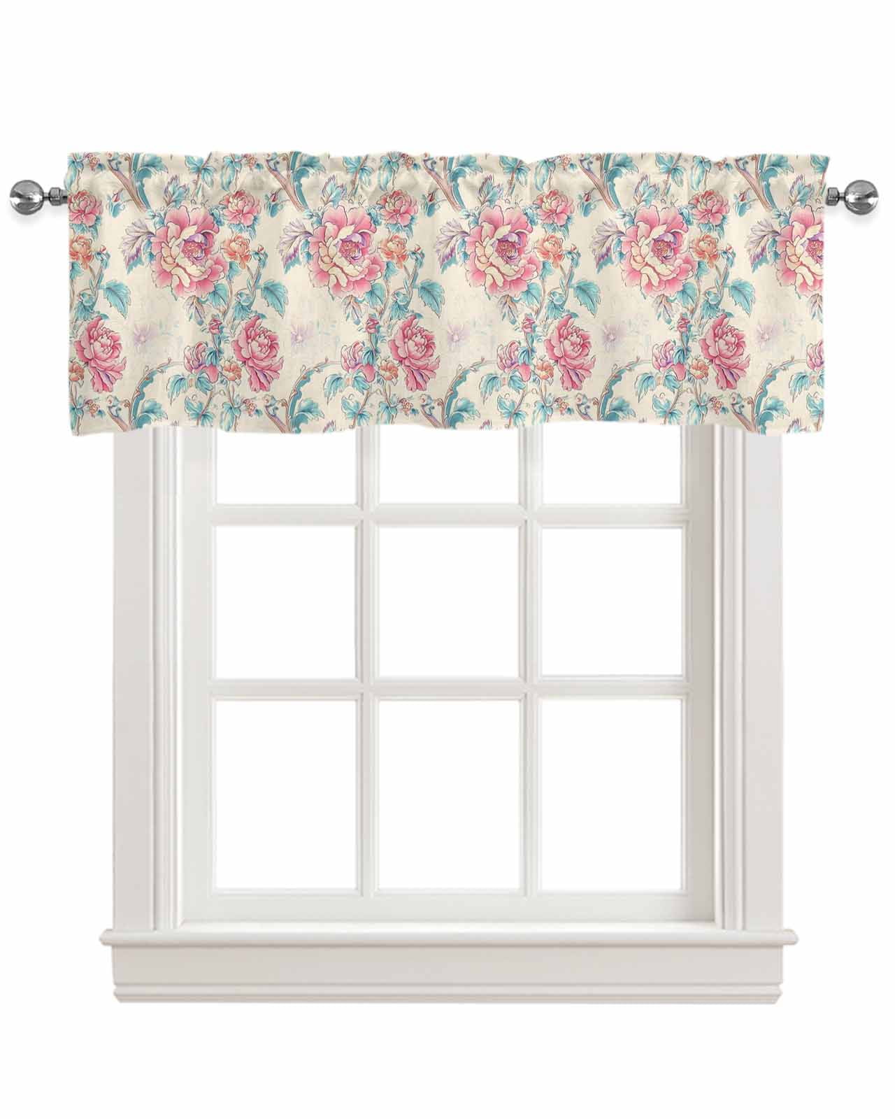 Blue Pink Botanical Kitchen Valances for Windows Farmhouse Linen Window ...