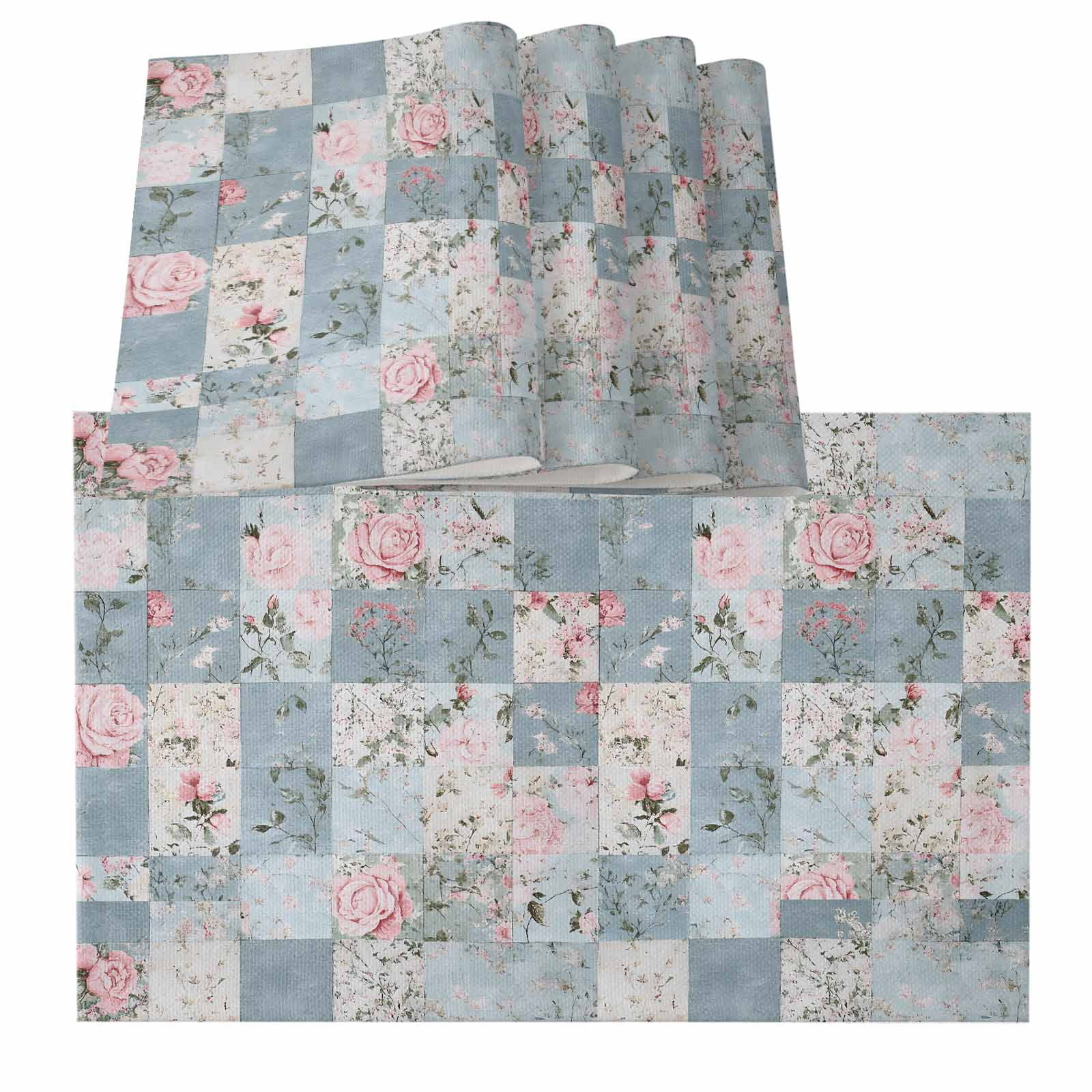 Blue Pink Botanical Placemats for Dinning Table Set of 4, Spring Floral ...