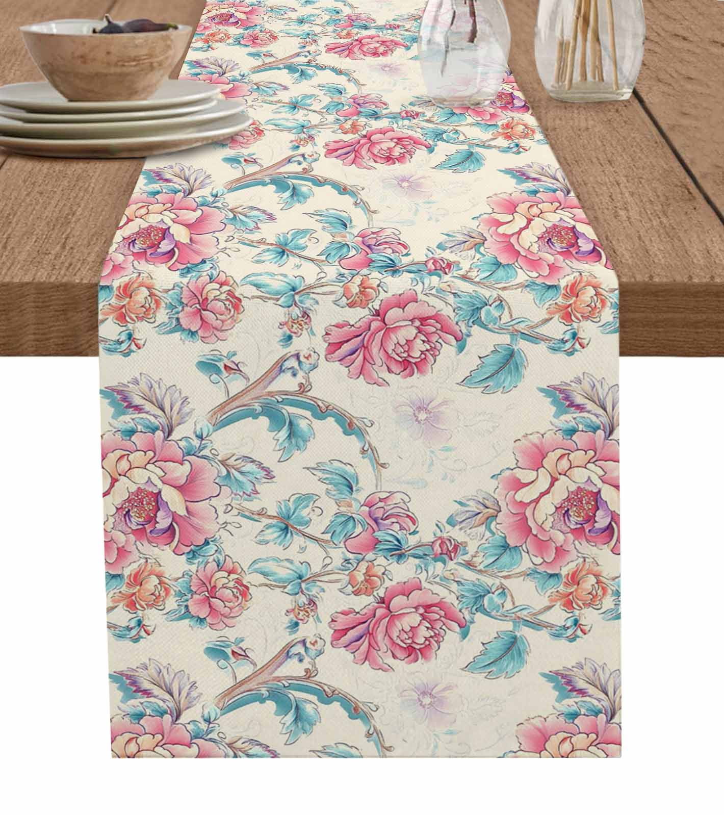 Blue Pink Botanical Table Runner 72 Inches, Summer Watercolor Flower ...
