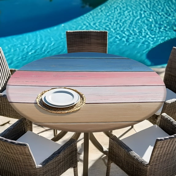 Blue Pink Brown Gradient Wood Grain Round Fitted Tablecloth with ...