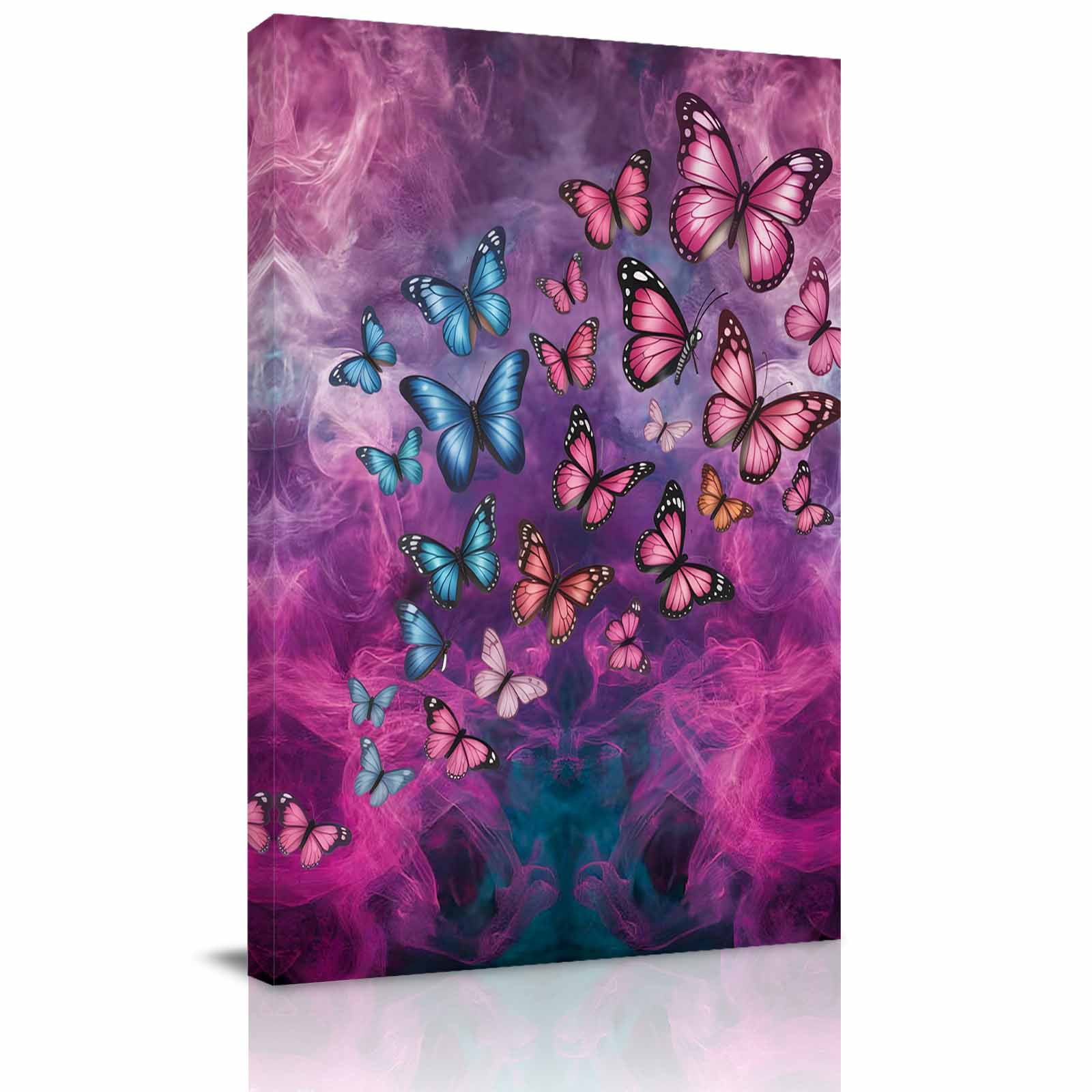 Blue Pink Butterflies Canvas Wall Art for Living Room, Purple Navy ...