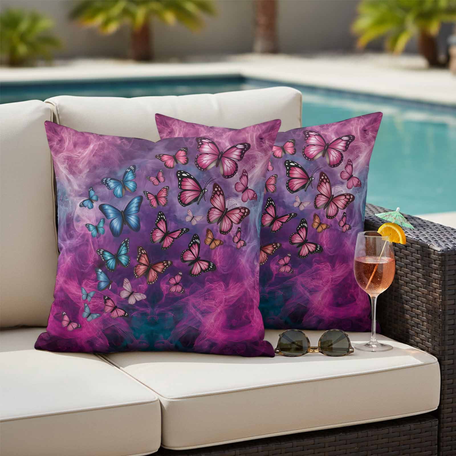 Blue Pink Butterflies Outdoor Throw Pillow Covers Set of 2, Purple Navy ...