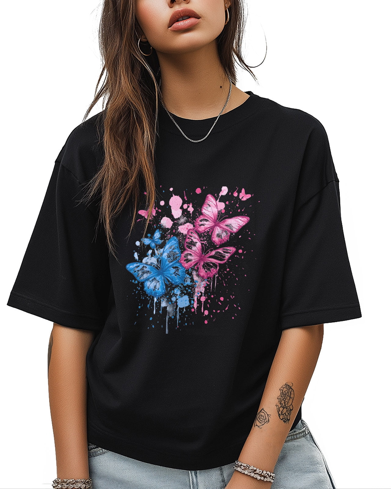 Blue Pink Butterfly T Shirts for Women Short Sleeve Cotton Crewneck T ...