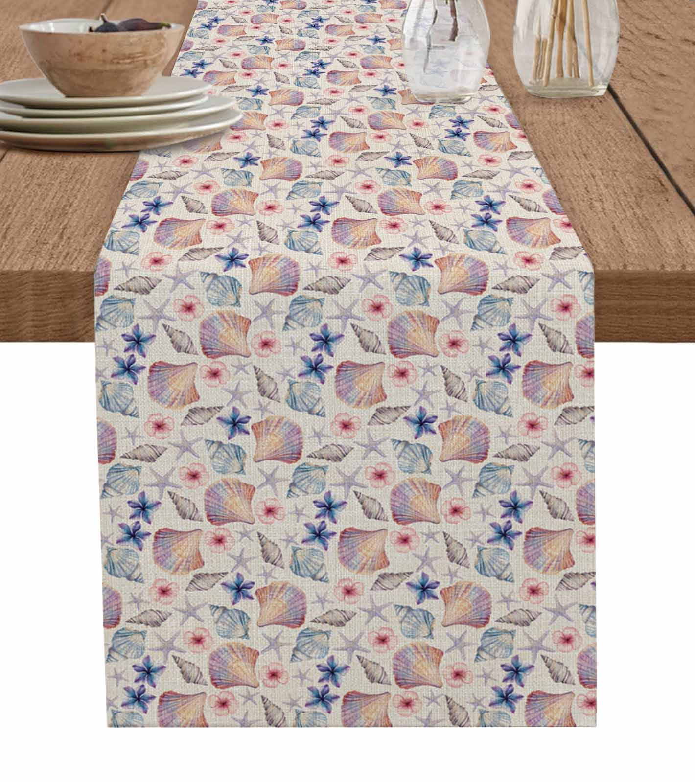 Blue Pink Conch Table Runner 60 Inches, Beige Retro Coastal Beach Shell ...