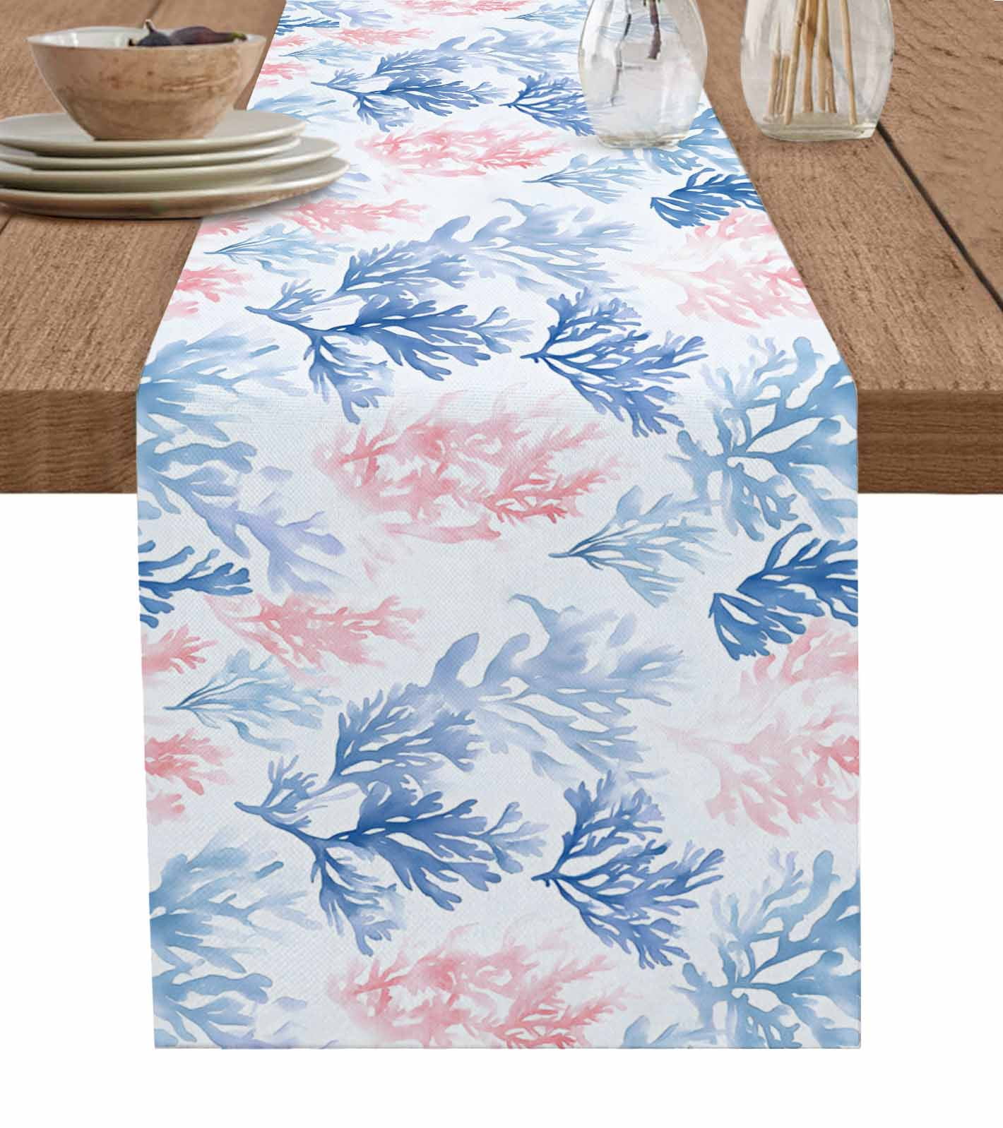 Blue Pink Coral Table Runner Cotton Linen 36 Inch Holiday Dresser ...