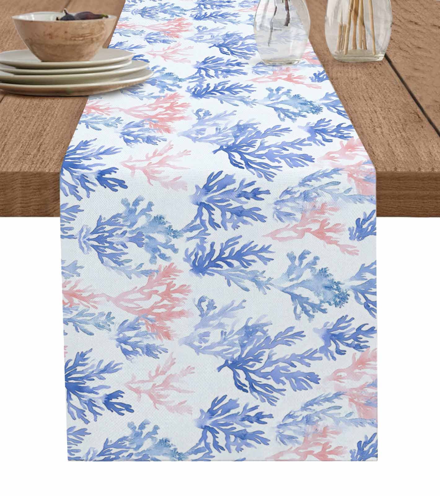 Blue Pink Coral Table Runner Cotton Linen 72 Inch Holiday Dresser ...