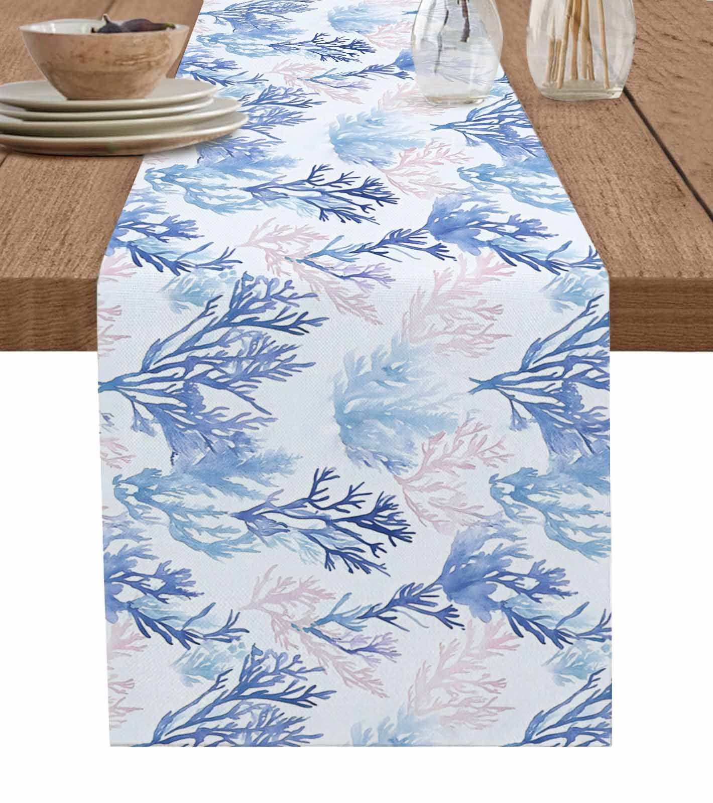 Blue Pink Coral Table Runner Cotton Linen 90 Inch Holiday Dresser ...