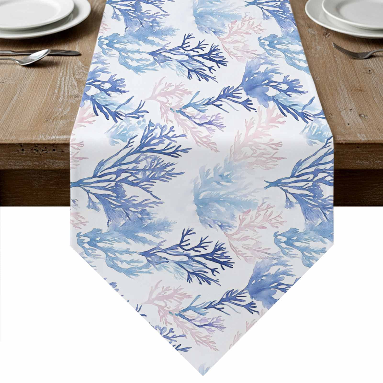 Blue Pink Coral Table Runner Linen Burlap Table Runner 70 Inches Long ...