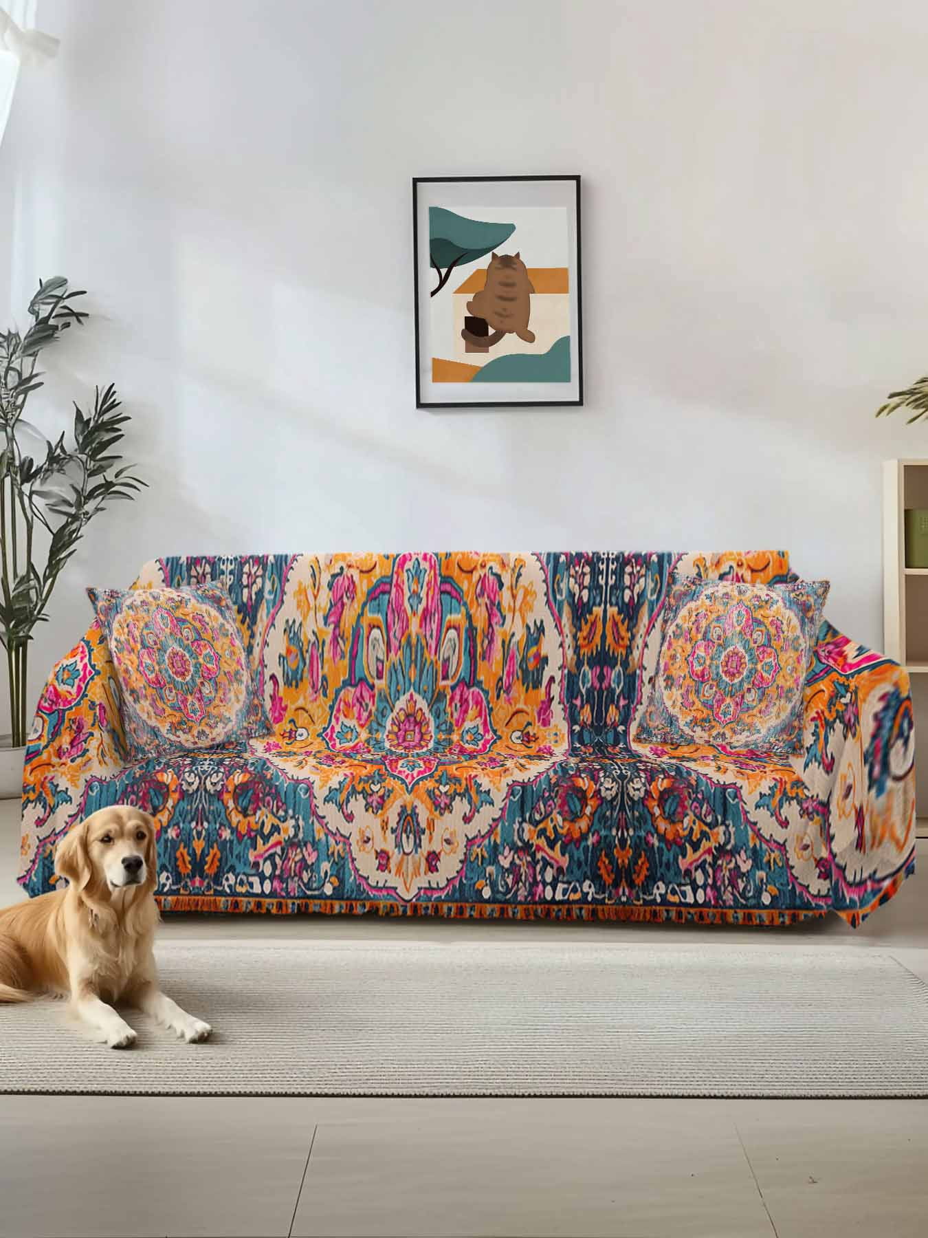 Blue Pink Couch Cover for Dogs, Boho Middle Century Geometric Abstract ...