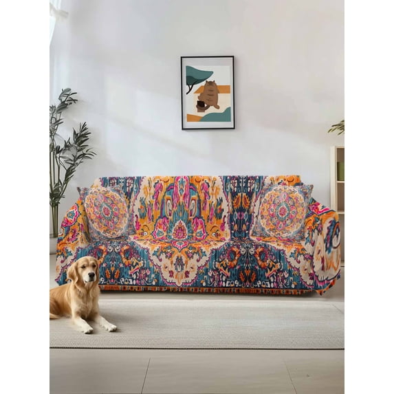 Blue Pink Couch Cover for Dogs, Boho Middle Century Geometric Abstract ...