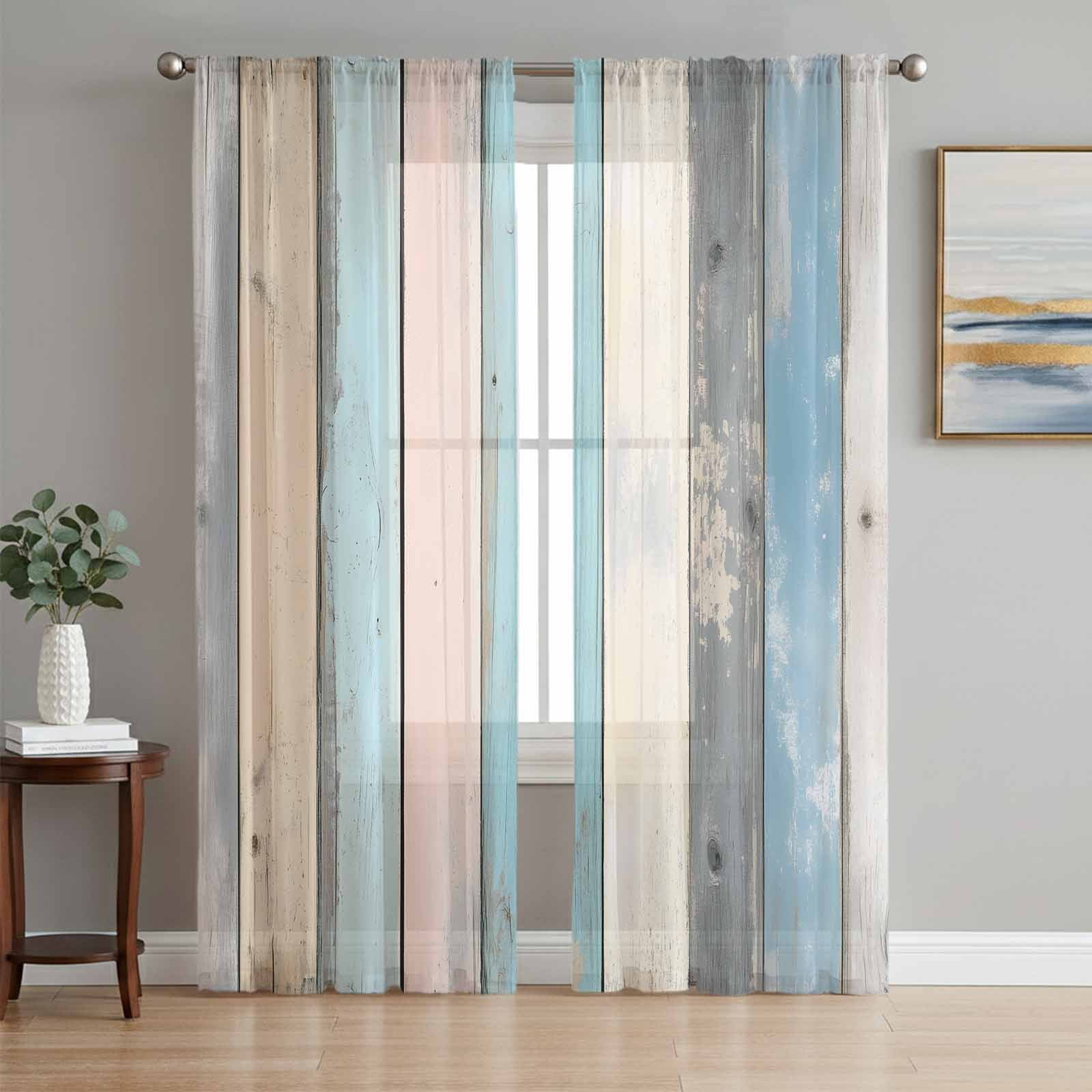 Blue Pink Cream Stripe Sheer Curtains 84 Inch Length 2 Panels Set ...