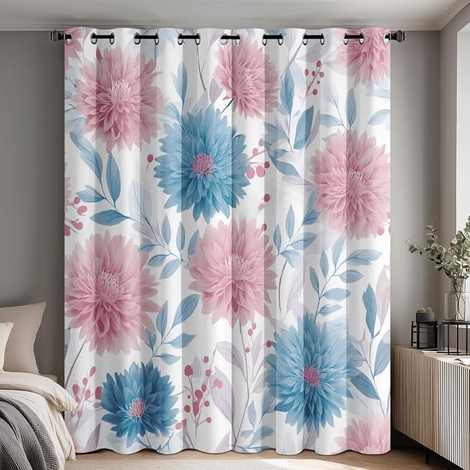 Blue Pink Dahlia Curtains for Living Room - Plant Flower Curtains ...