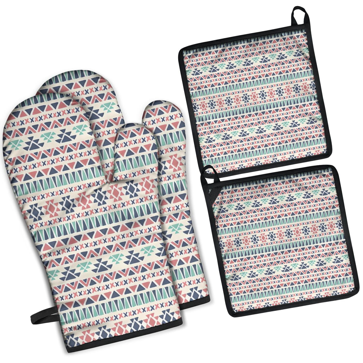Blue and Pink Diamond Shaped Geometric Boho Pattern Kitchen Oven Mitt ...