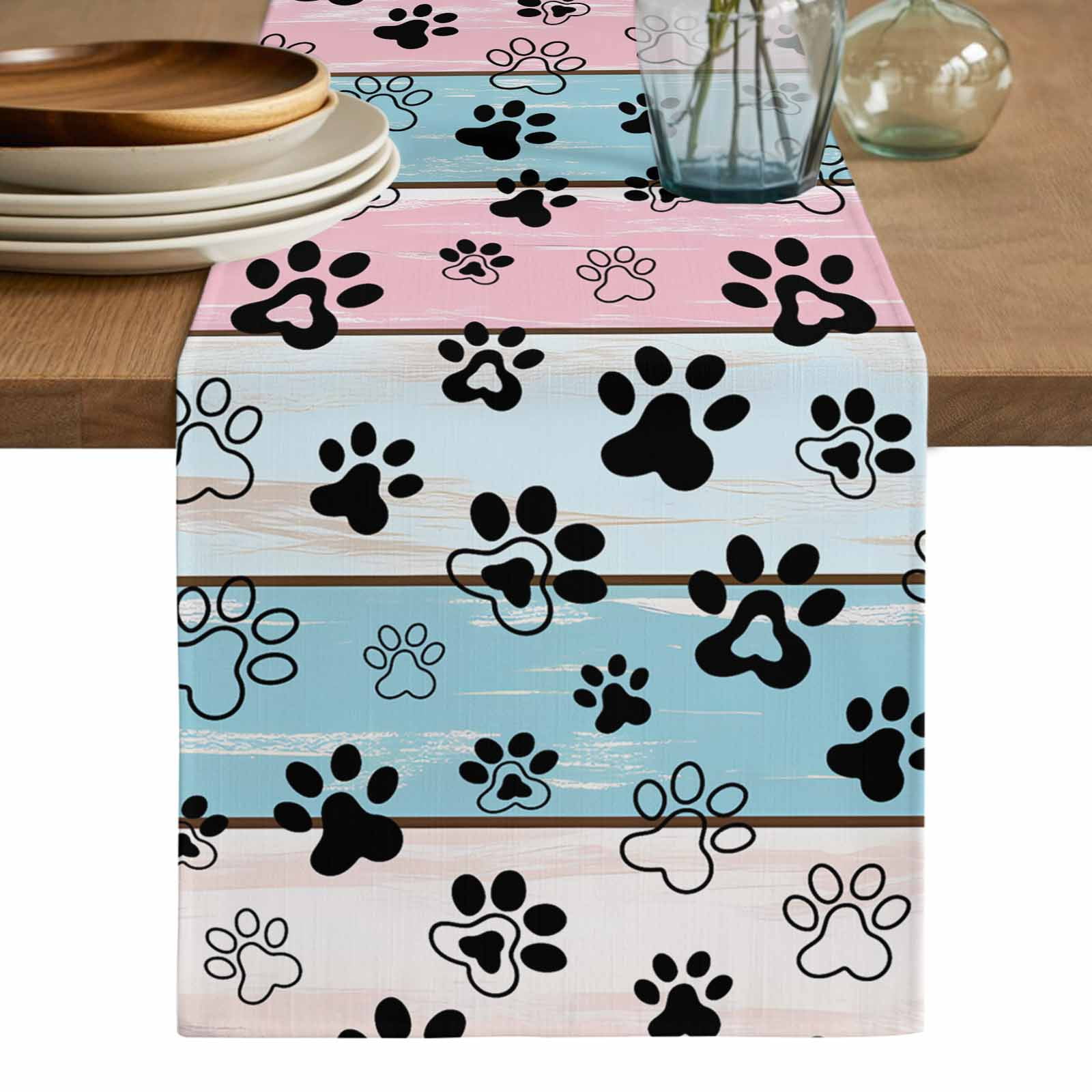 Blue Pink Dog Paws Prints Table Runner, Farmhouse Beige Wood Washable ...