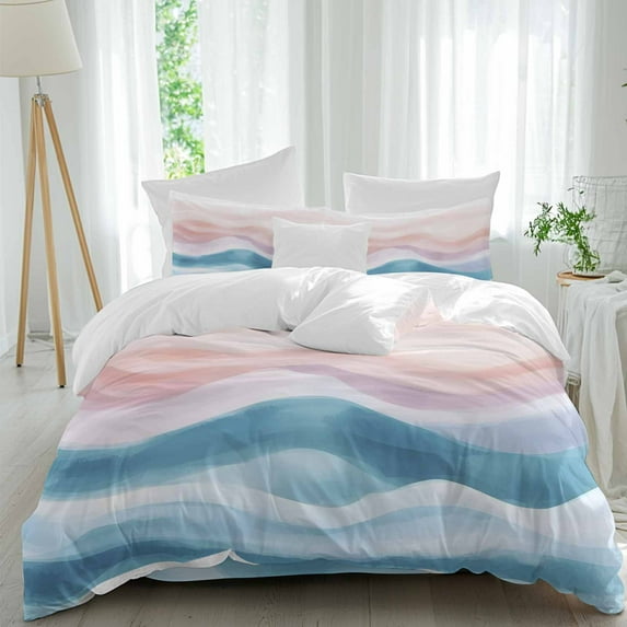 Blue Pink Duvet Cover Set California King Size Ombre Sea Wave Abstract ...