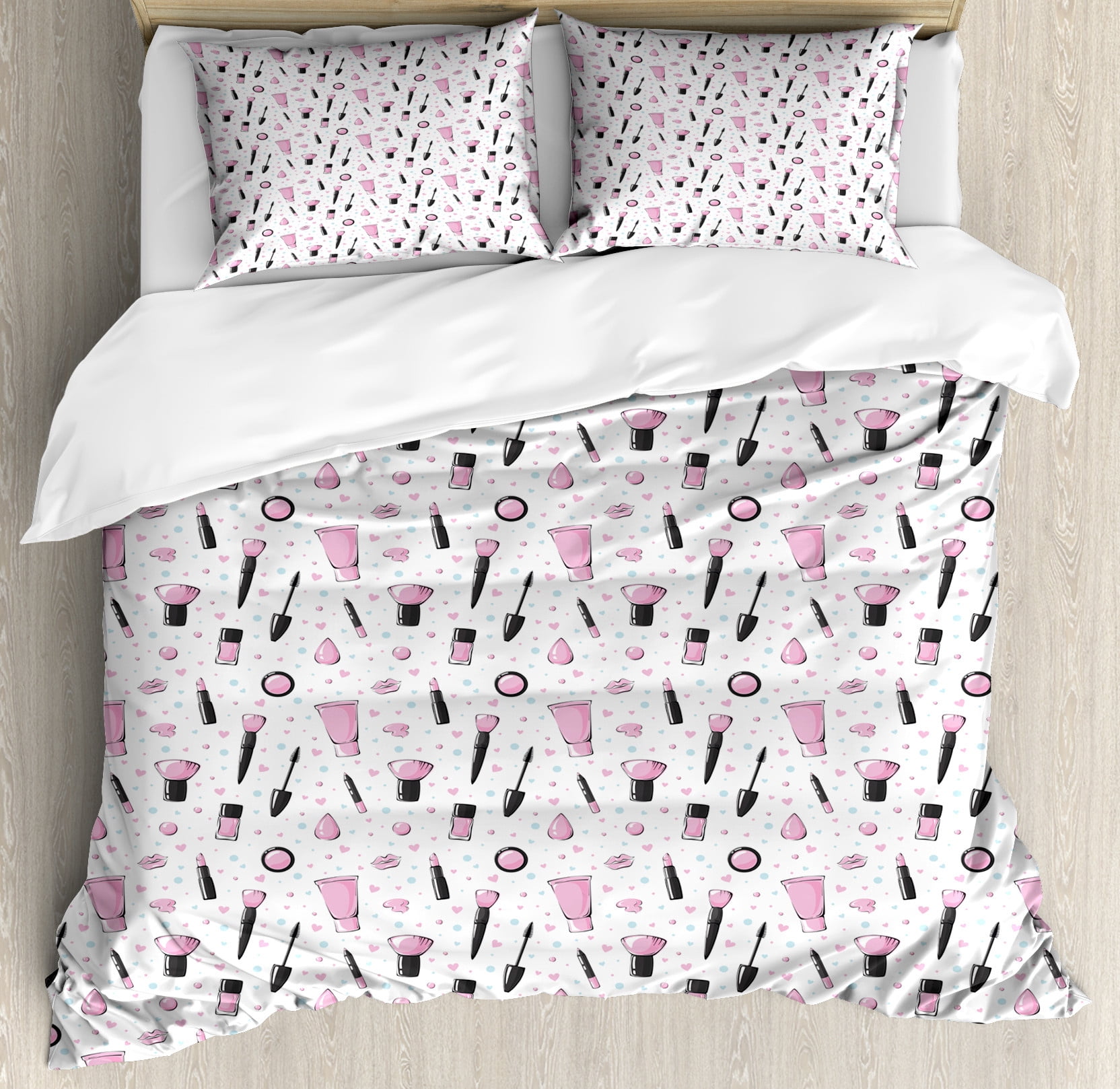 Blue and Pink Duvet Cover Set, Feminine Pattern with Makeup Supplies ...