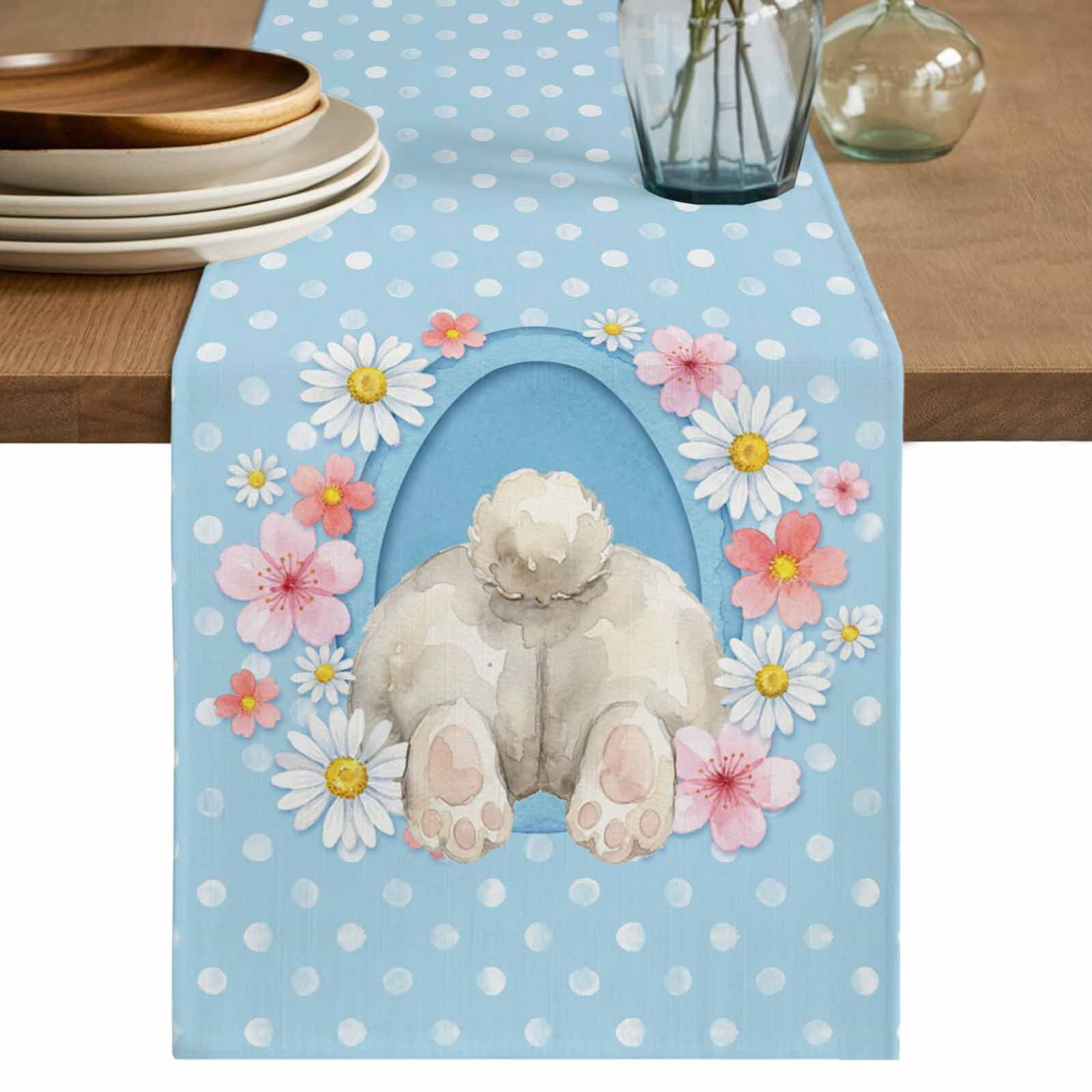 Blue Pink Easter Table Runner 72 Inches, Easter Bunny Watercolor Dots ...