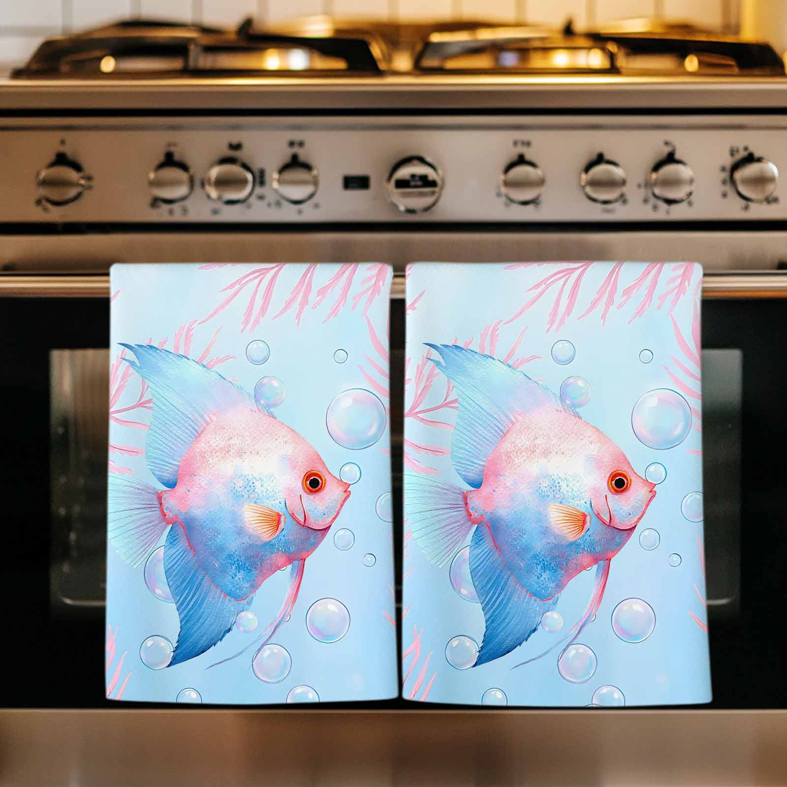 Blue Pink Fish Kitchen Towels Set of 4, Summer Chic Coastal Ocean Sea ...