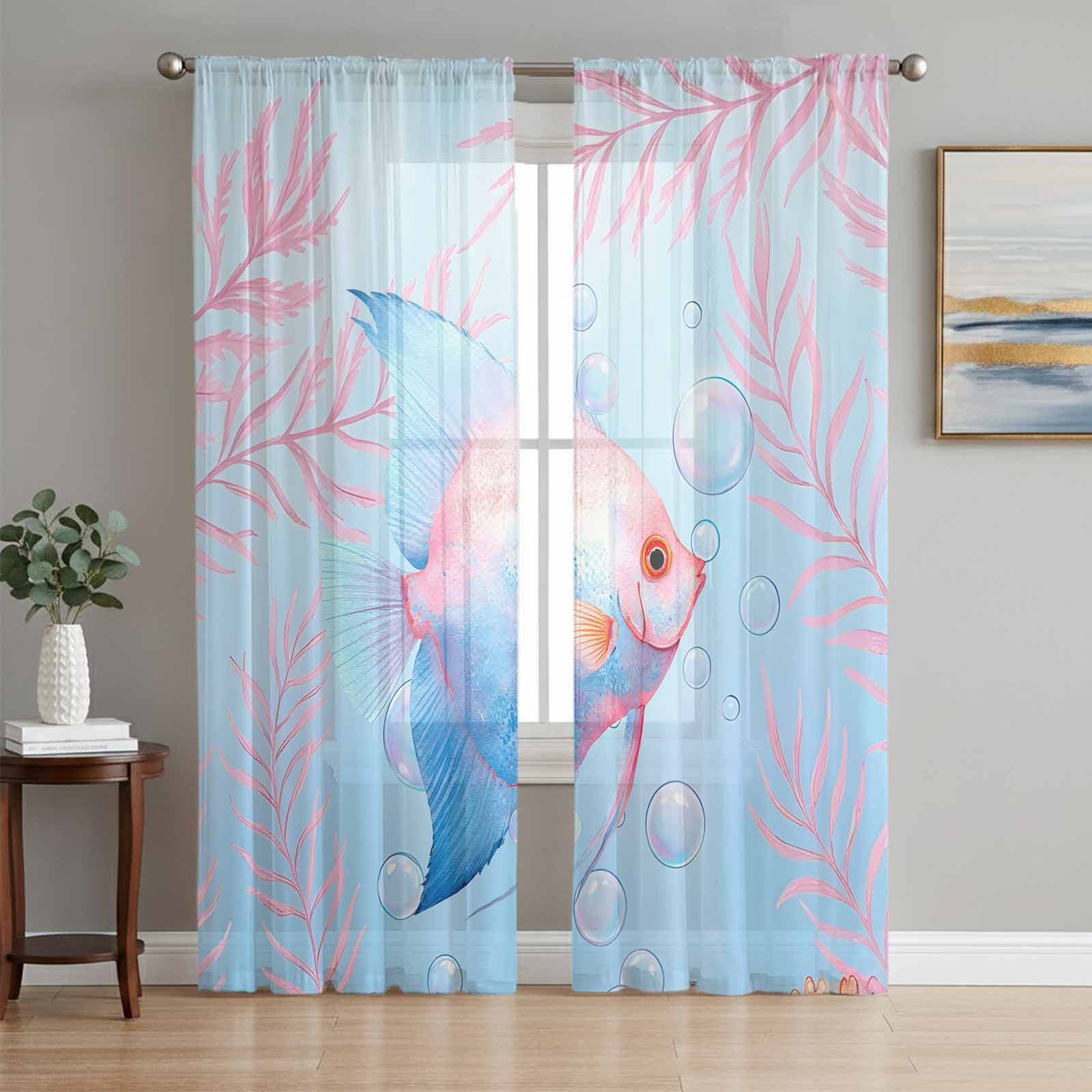 Blue Pink Fish Sheer Curtains for Living Room Bedroom Summer Chic ...