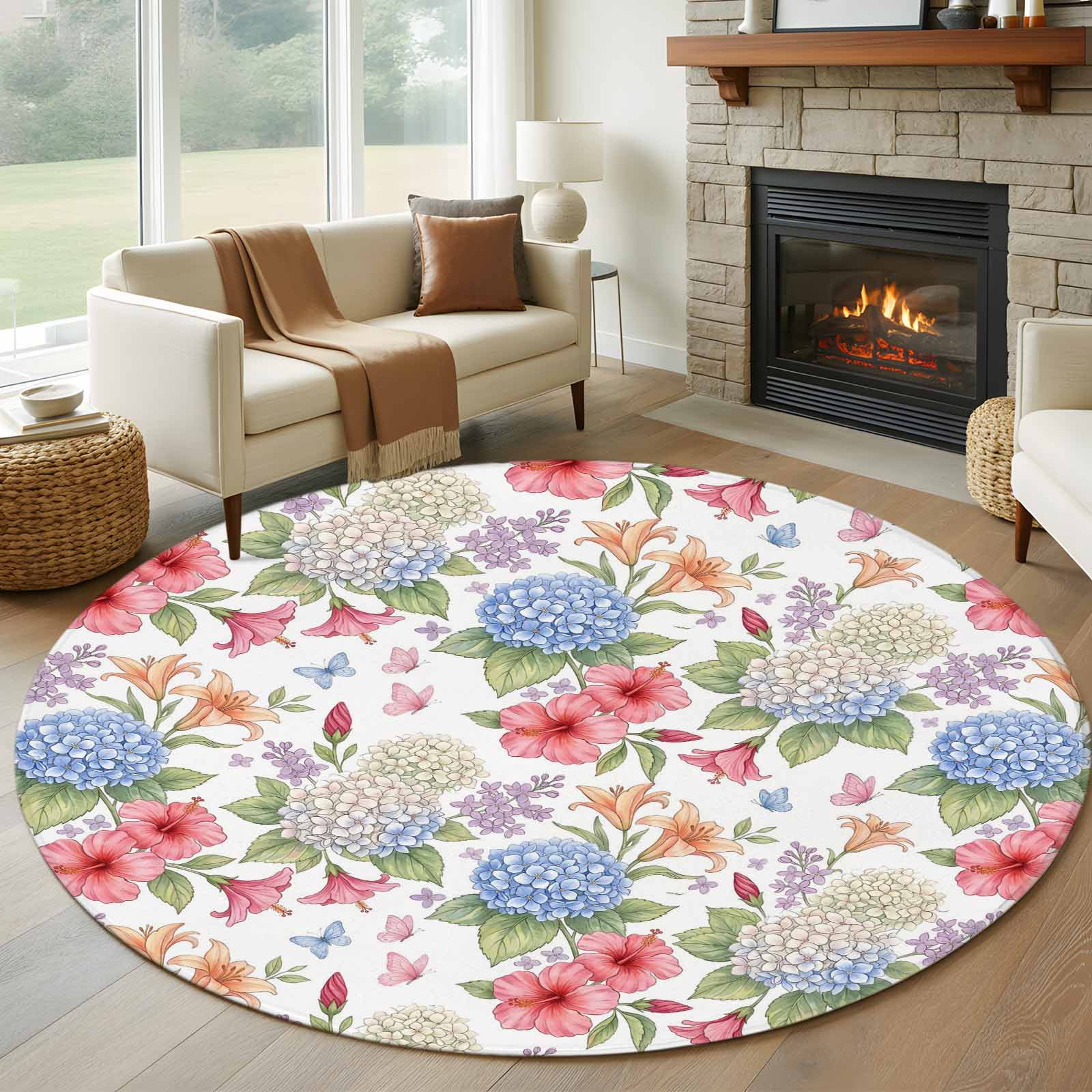 Blue Pink Floral 7FT Round Area Rugs for Living Room Retro White Blue ...