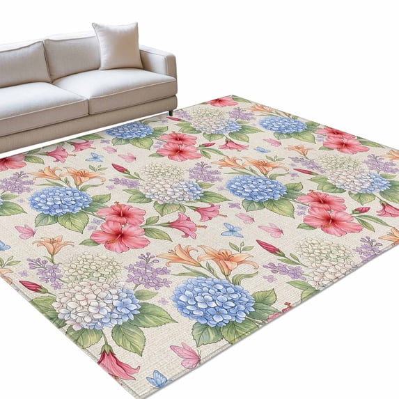 Blue Pink Floral 8x10ft Non Slip Area Rug Retro White Blue Pink Yellow ...
