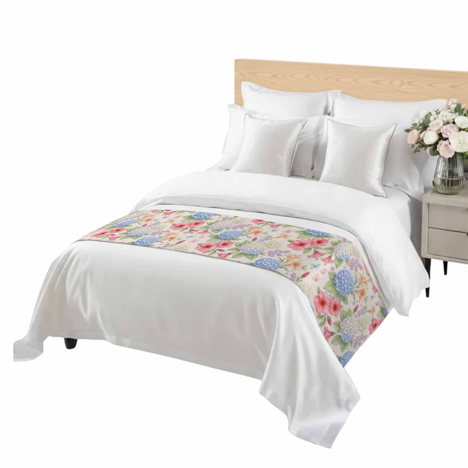 Blue Pink Floral Bed Runner Cal King Size Retro White Blue Pink Yellow ...