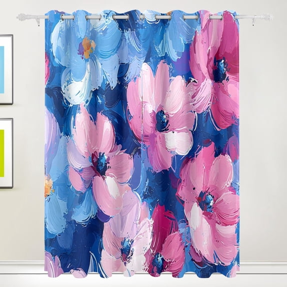 Blue Pink Floral Blackout Curtains 55W x 84L Living Room Bedroom ...