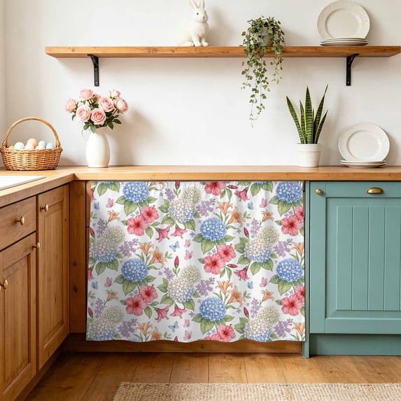 Blue Pink Floral Cabinet Curtains 28" W x 35" L, Retro White Blue Pink ...