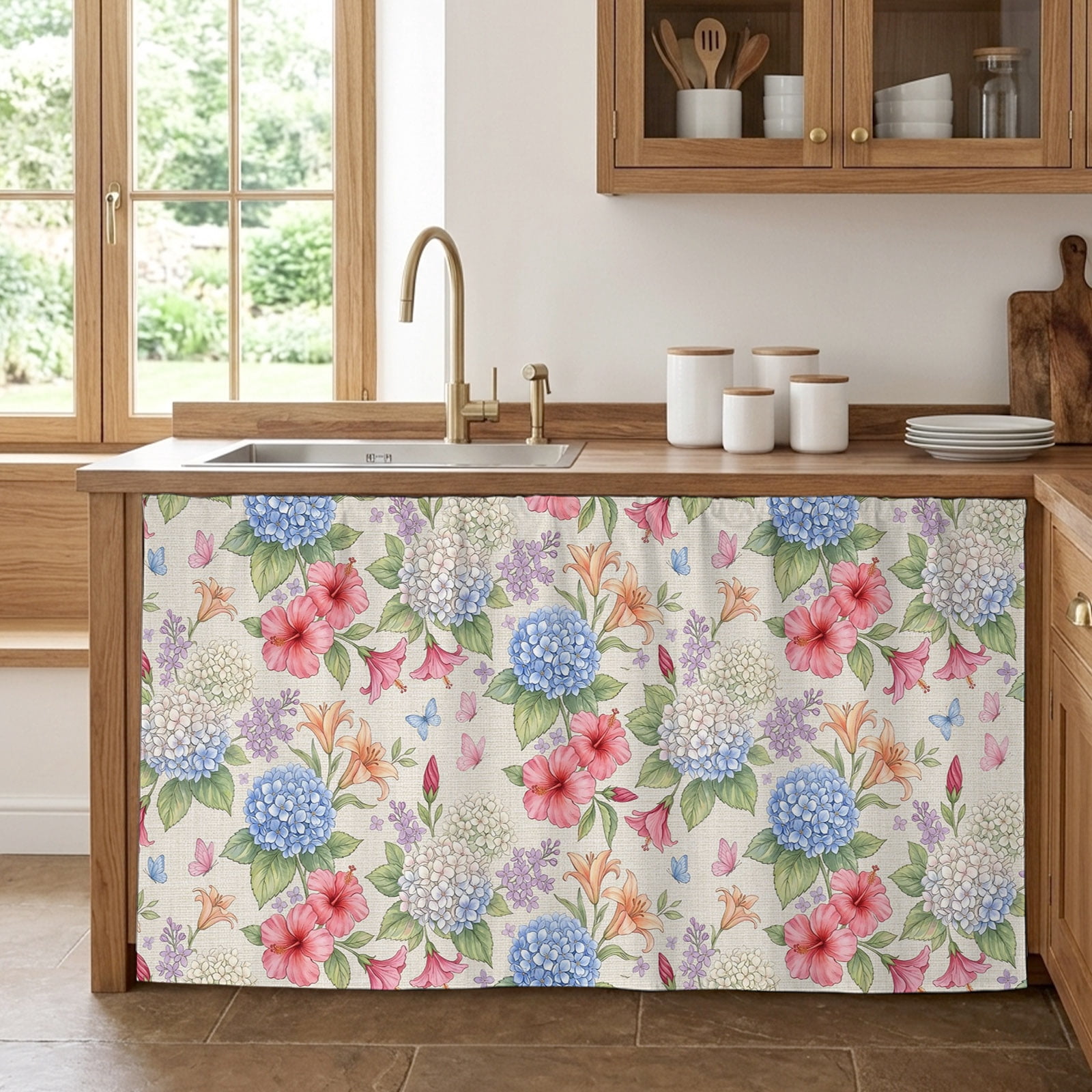 Blue Pink Floral Cabinet Curtains 28" W x 51" L, Retro White Blue Pink ...