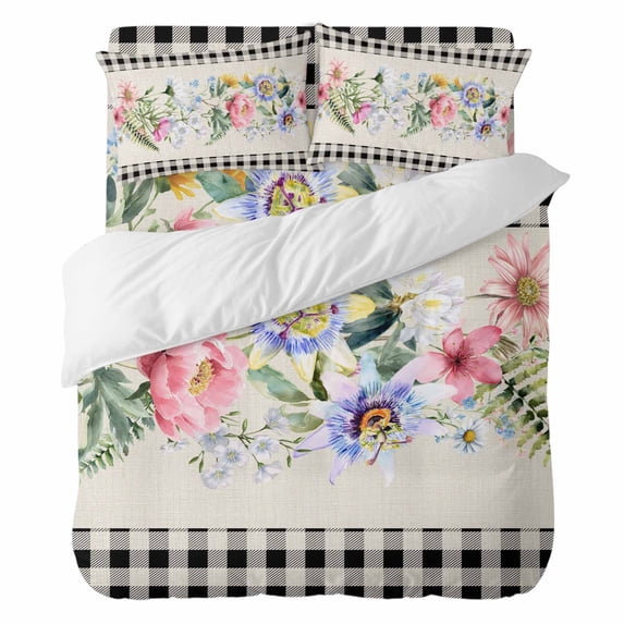Blue Pink Floral Comforter Set Full Size, Spring Summer Botanical Linen ...