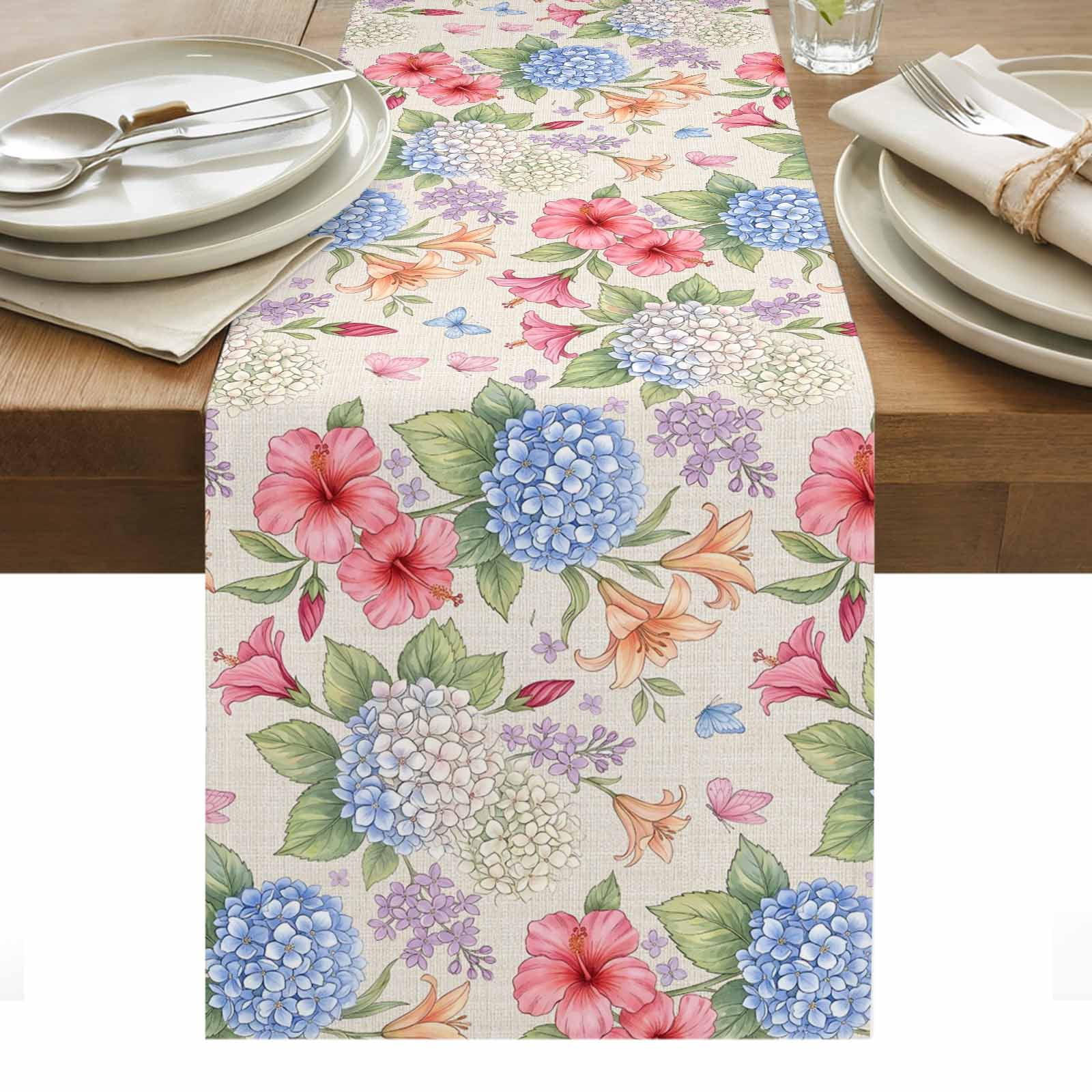 Blue Pink Floral Cotton Linen Table Runner Retro White Blue Pink Yellow ...