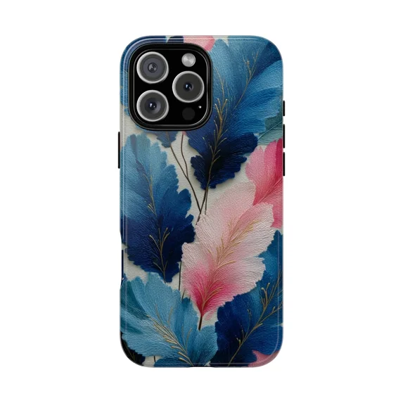 Blue Pink Floral Feather Pattern Case for iPhone 11-17 Pro Max ...