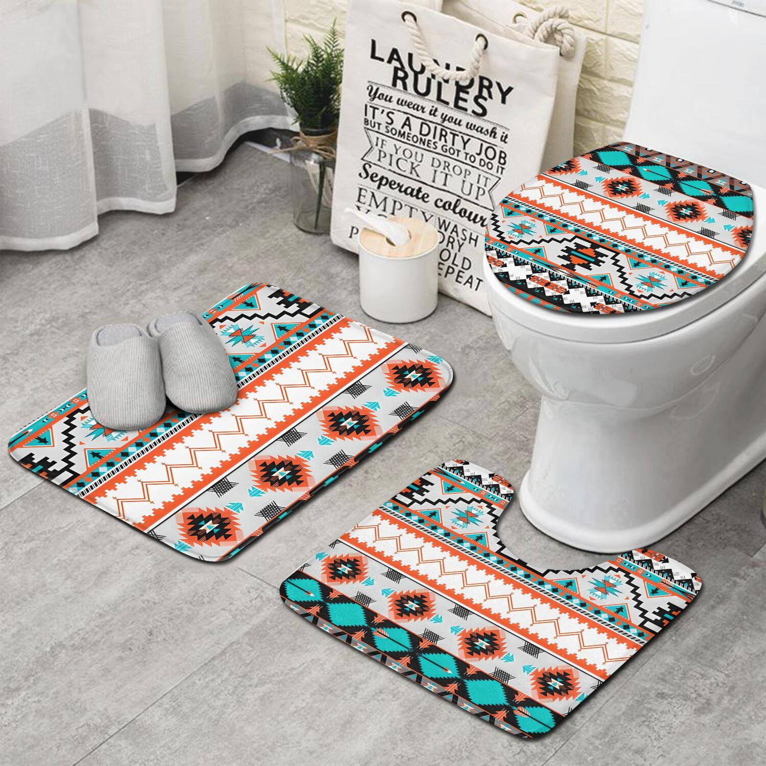 Blue and Pink Floral and Geometric Boho Pattern Bathroom Rugs Sets 3 ...