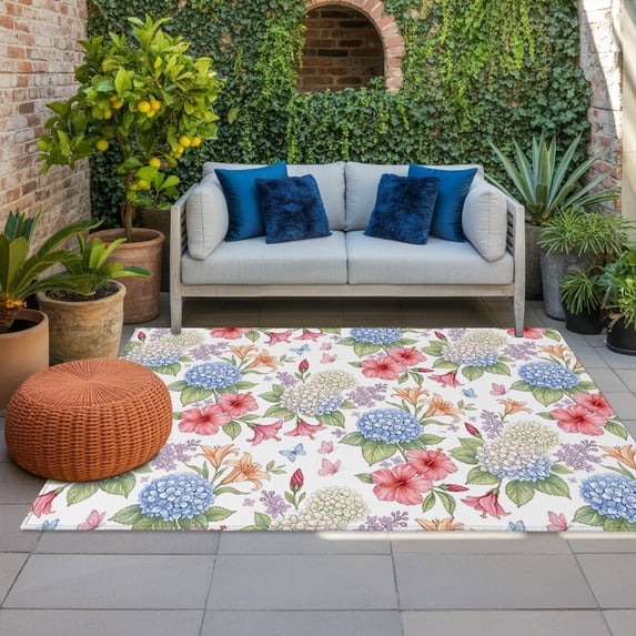 Blue Pink Floral Indoor Outdoor Rugs 5x8 Ft, Retro White Blue Pink ...