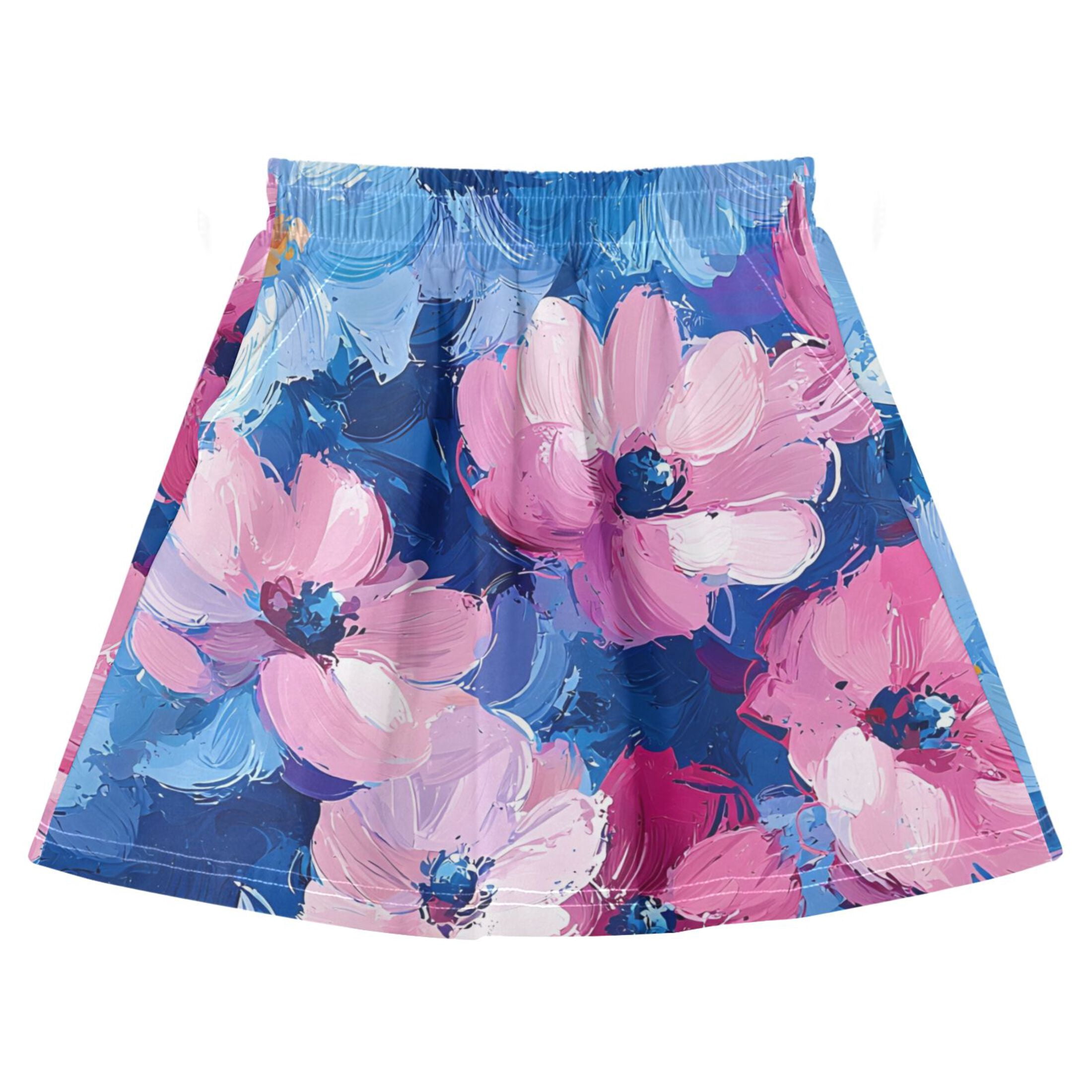 Blue Pink Floral Pattern Cotton Skirt Built-in Liner Elastic A-Line ...