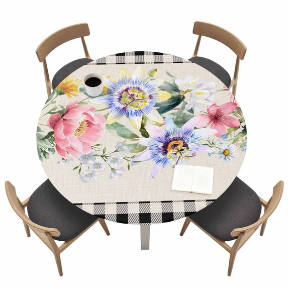 Blue Pink Floral Round Fitted Tablecloth with Elastic Edge Spring ...