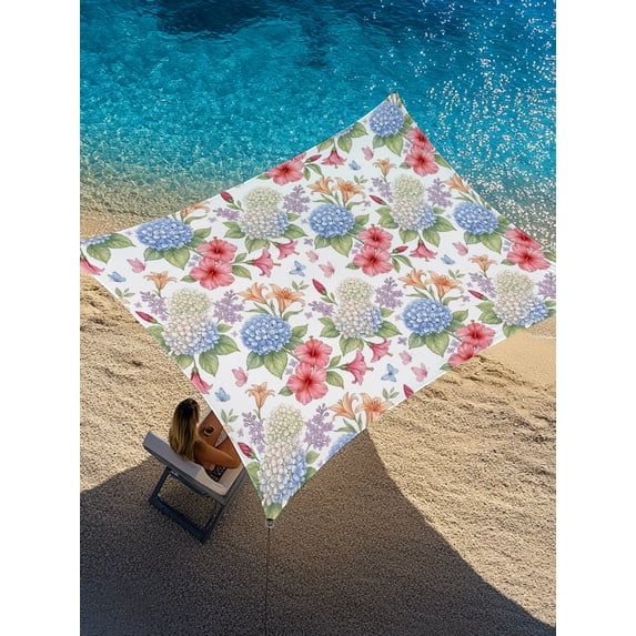 Blue Pink Floral Sun Shade Sail 14' x 18', Retro White Blue Pink Yellow ...