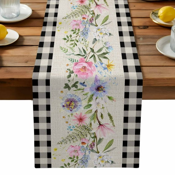 Blue Pink Floral Table Runner, Spring Summer Botanical Linen Black ...