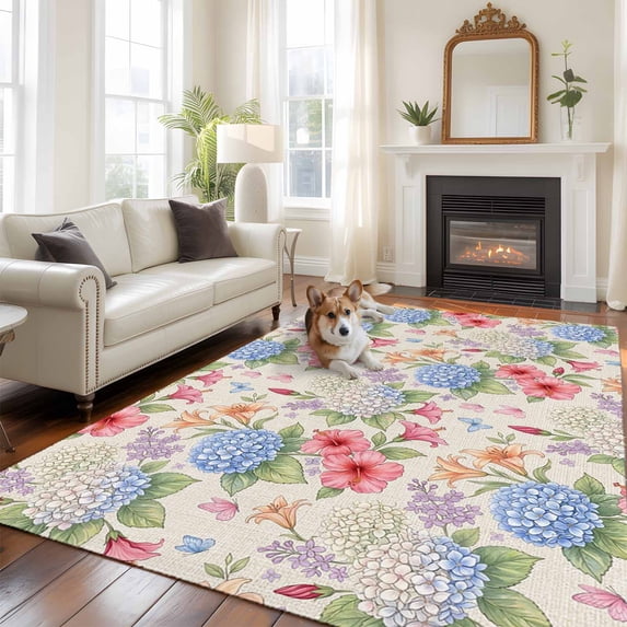 Blue Pink Floral Washable Area Rug 6x9 Retro White Blue Pink Yellow ...