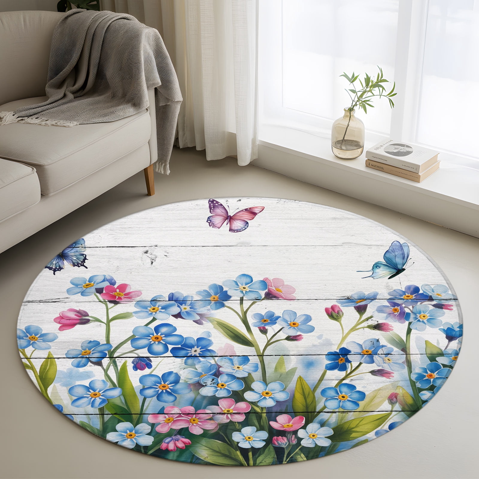 Blue Pink Flower 3.3' Round Rug for Bedroom Reading Corner, Watercolor ...