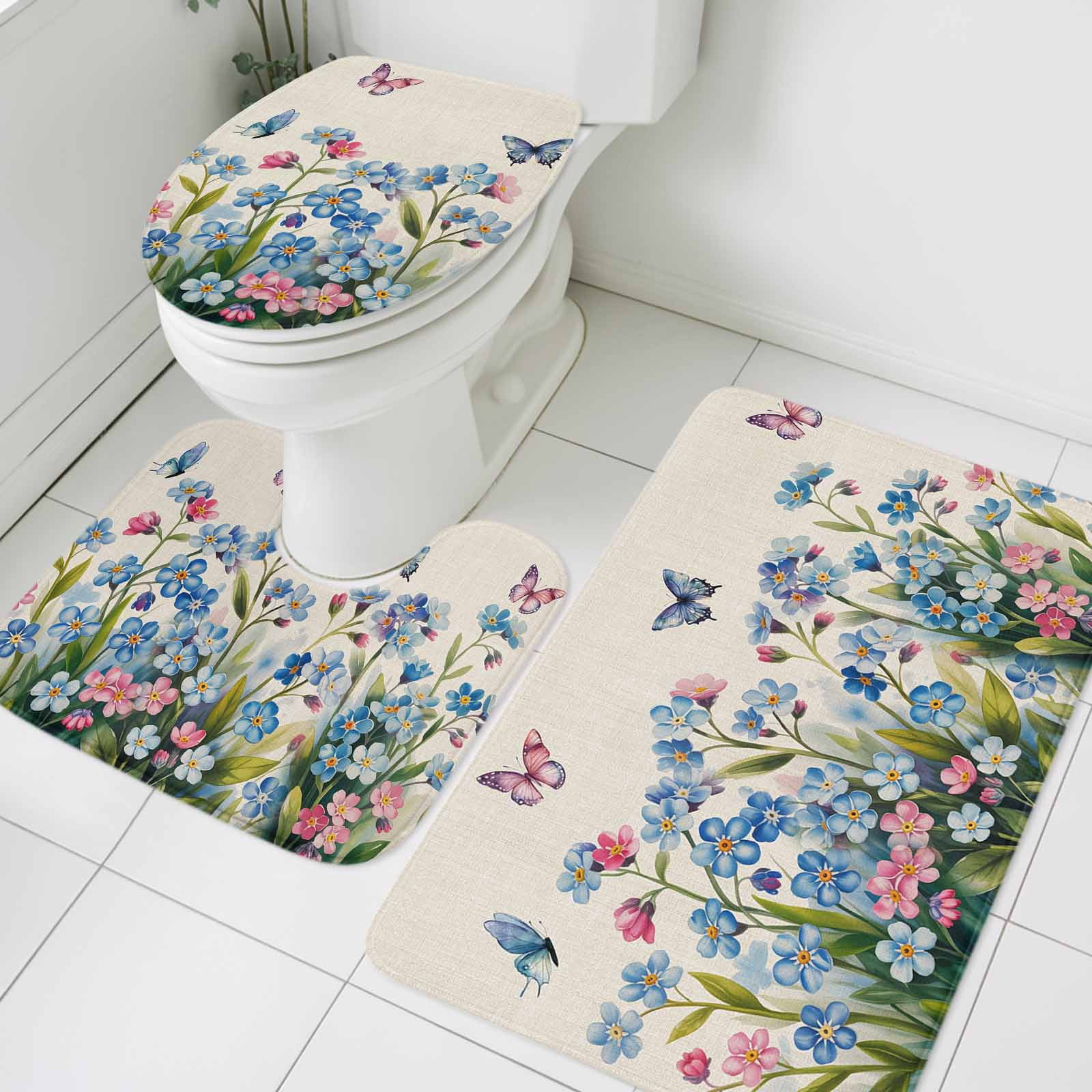 Blue Pink Flower Bathroom Rugs Set Watercolor Spring Pink Blue Floral ...