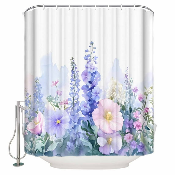 Blue Pink Flower Bathroom Shower Curtains with 12 Hooks Polyester ...