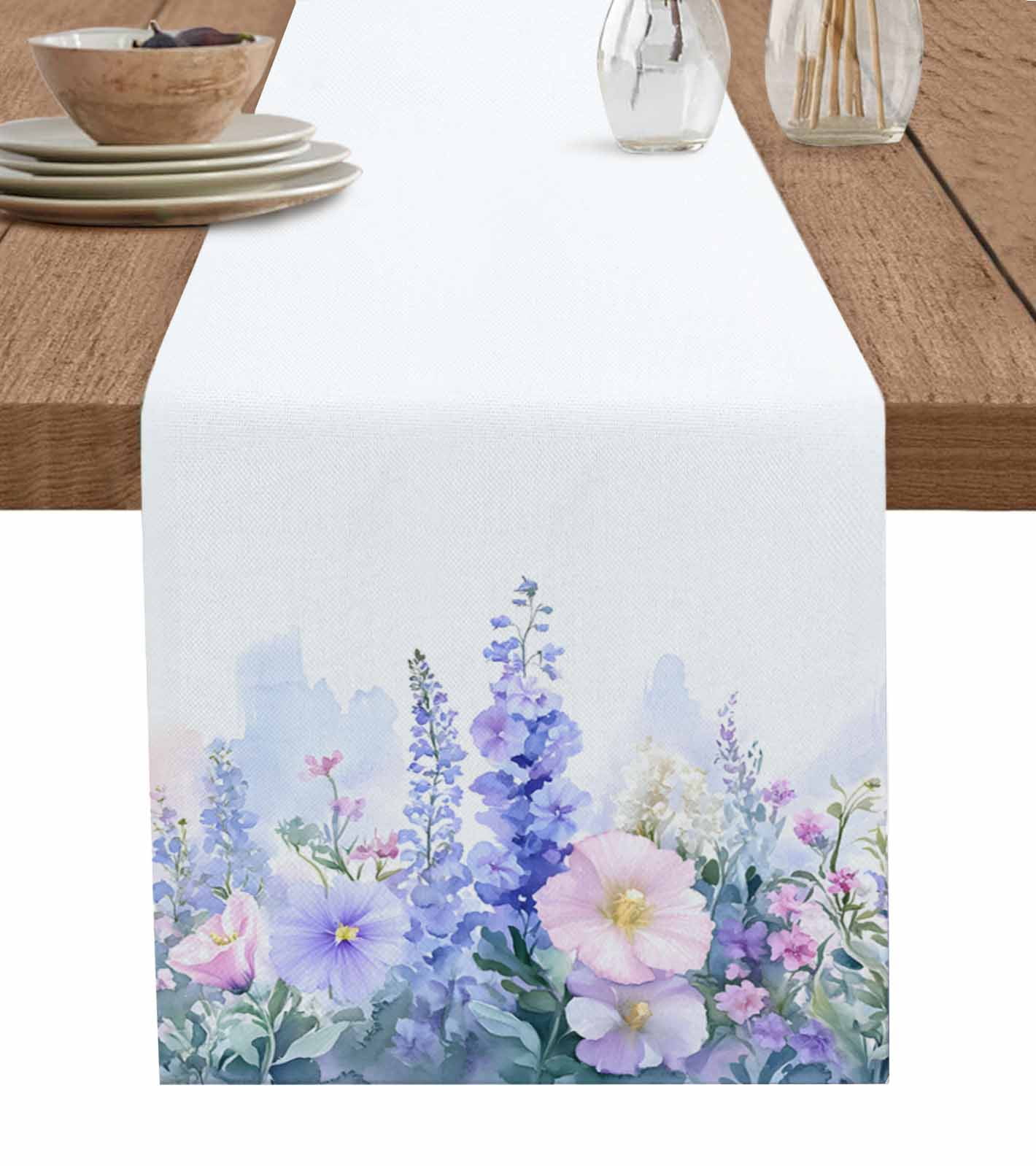 Blue Pink Flower Burlap Cotton Table Runner 14x72 Inches Long, Nature ...